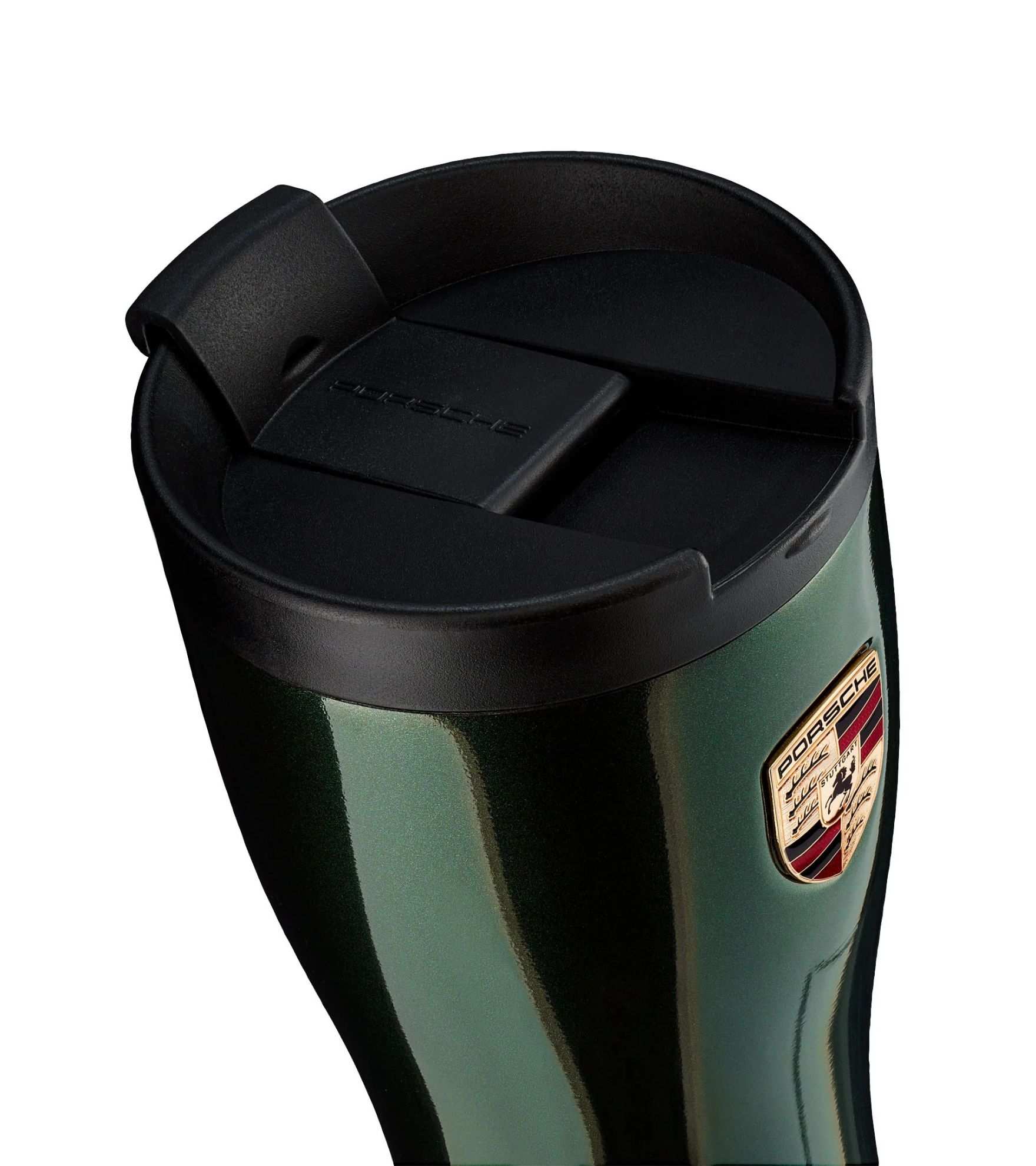 Porsche Crest Thermo Mug in Green Metallic. Porsche Doncaster Online Shop